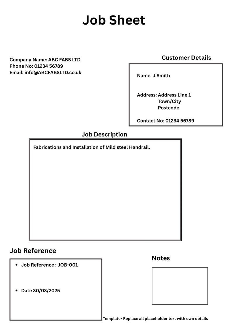 Tradesman Job Sheet Template | Printable Welding & Fabrication Work ...