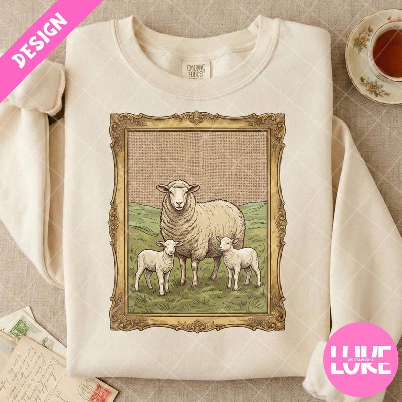 Vintage Sheep PNG, Gold Frame Lamb Sublimation, Rustic Farmhouse Decor ...