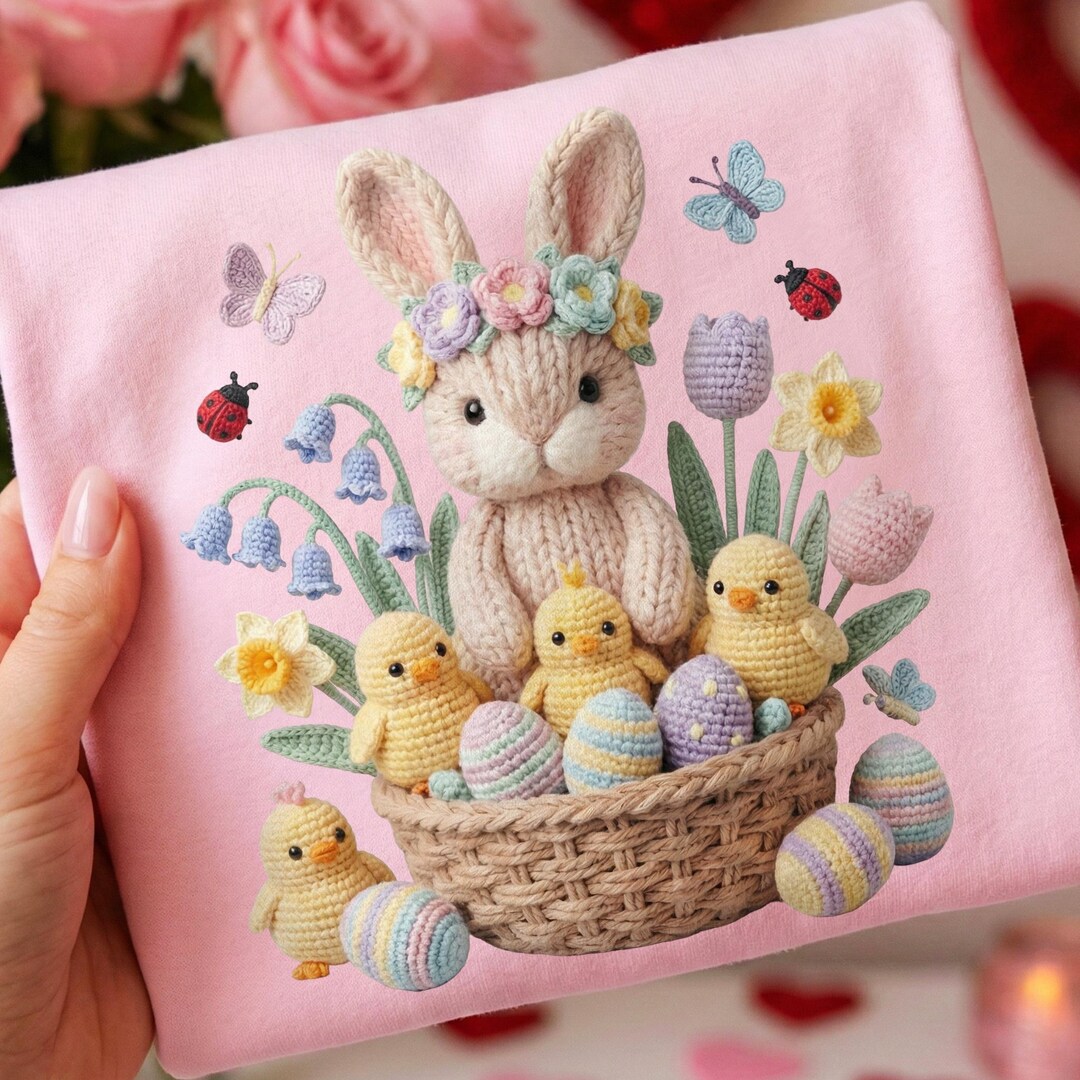 Easter Bunny Chicks Basket PNG, Knitted Texture Spring Design (digital ...