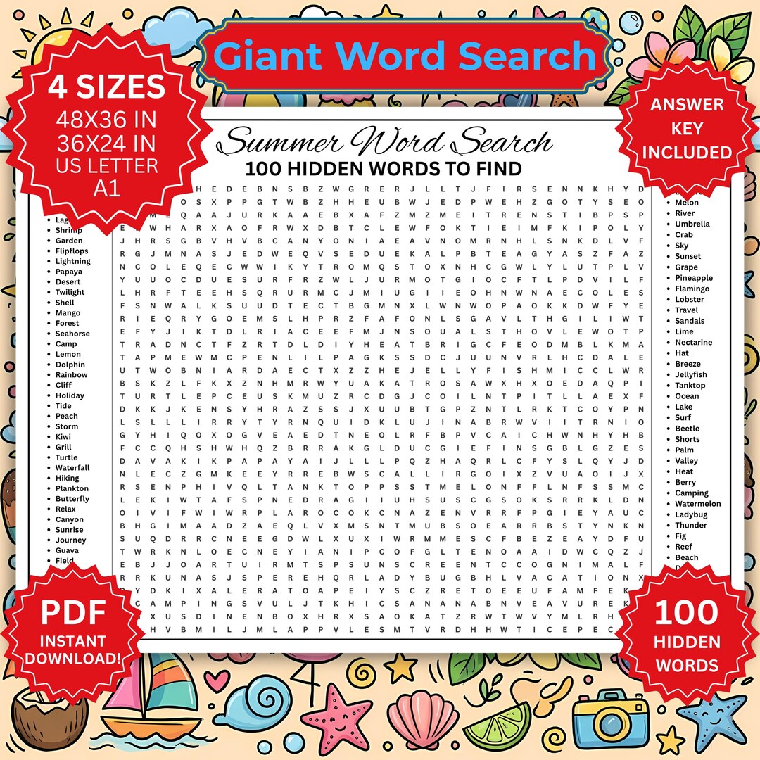 Giant Summer Word Search, Summer Party Game, Printable Word Search ...