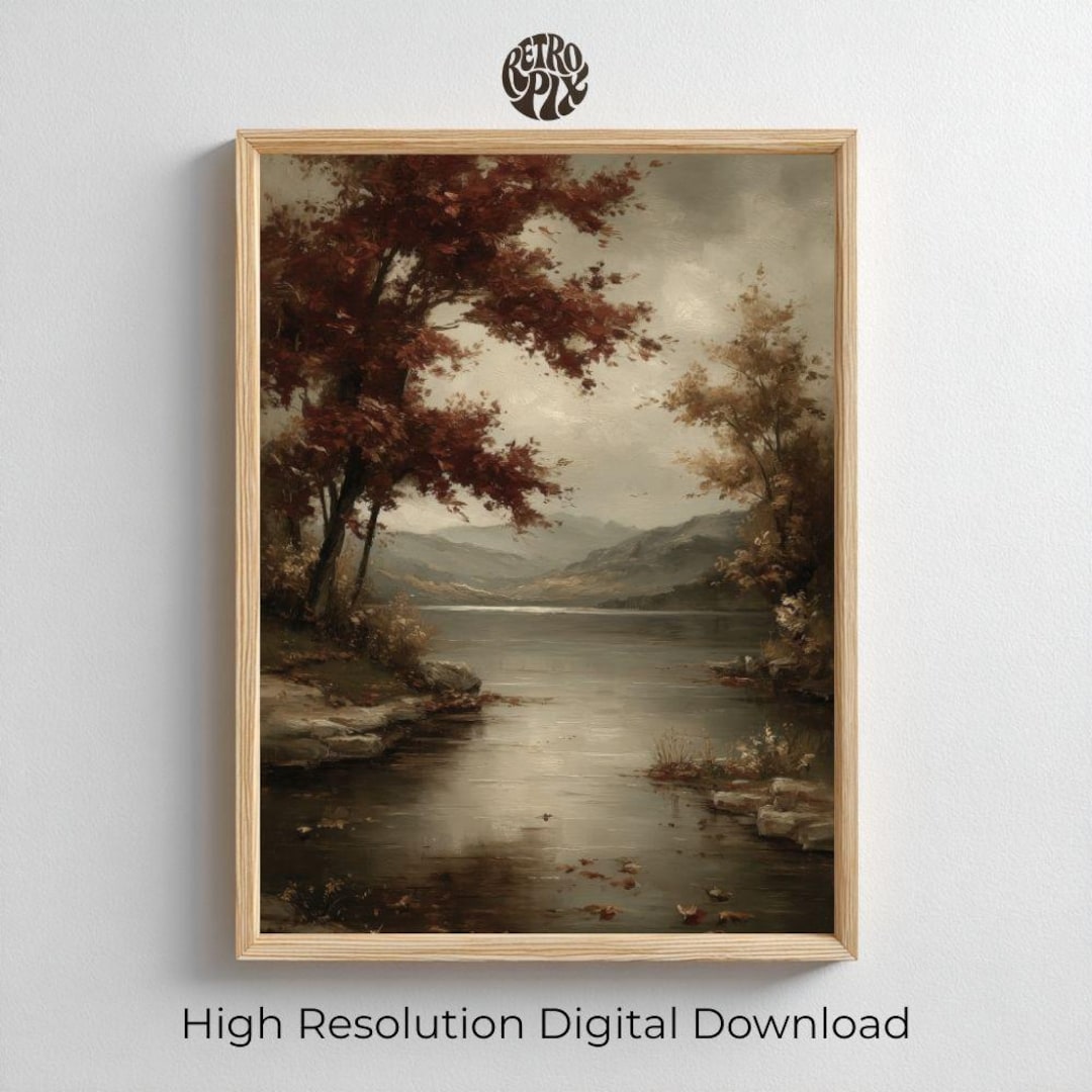 Vintage Autumn Lakeside Wall Art, Vertical Nature Landscape Print ...