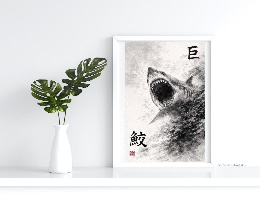 Megalodon Zen Ink Wall Art – Giant Shark Sumi-e Printable, Japanese ...