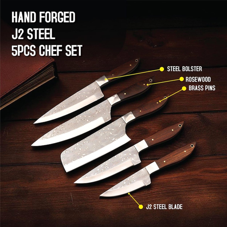 Hand Forged Damascus Chef Knife Set, Rosewood Handle, Leather Bag - Etsy