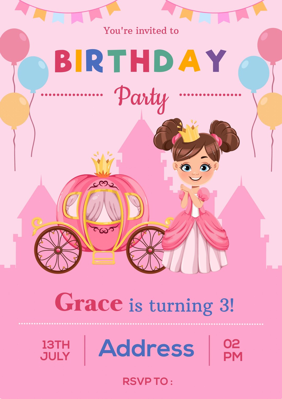 Personalised Pink Princess Themed Party Invitation - Etsy