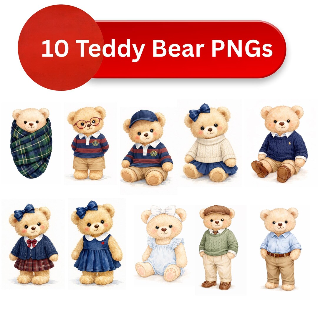 Teddy Bear Clipart Bundle | 10 Teddy Bear PNG Illustrations (digital ...