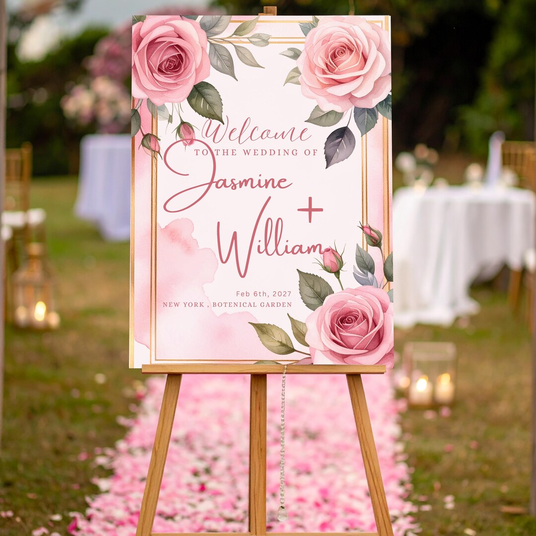 Buy Welcome Sign Template | Pink Rose Watercolor Floral Design With ...