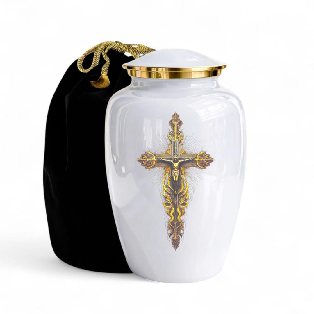 White Religious Cremation Urn for Human Ashes | Large Memorial Urn With ...