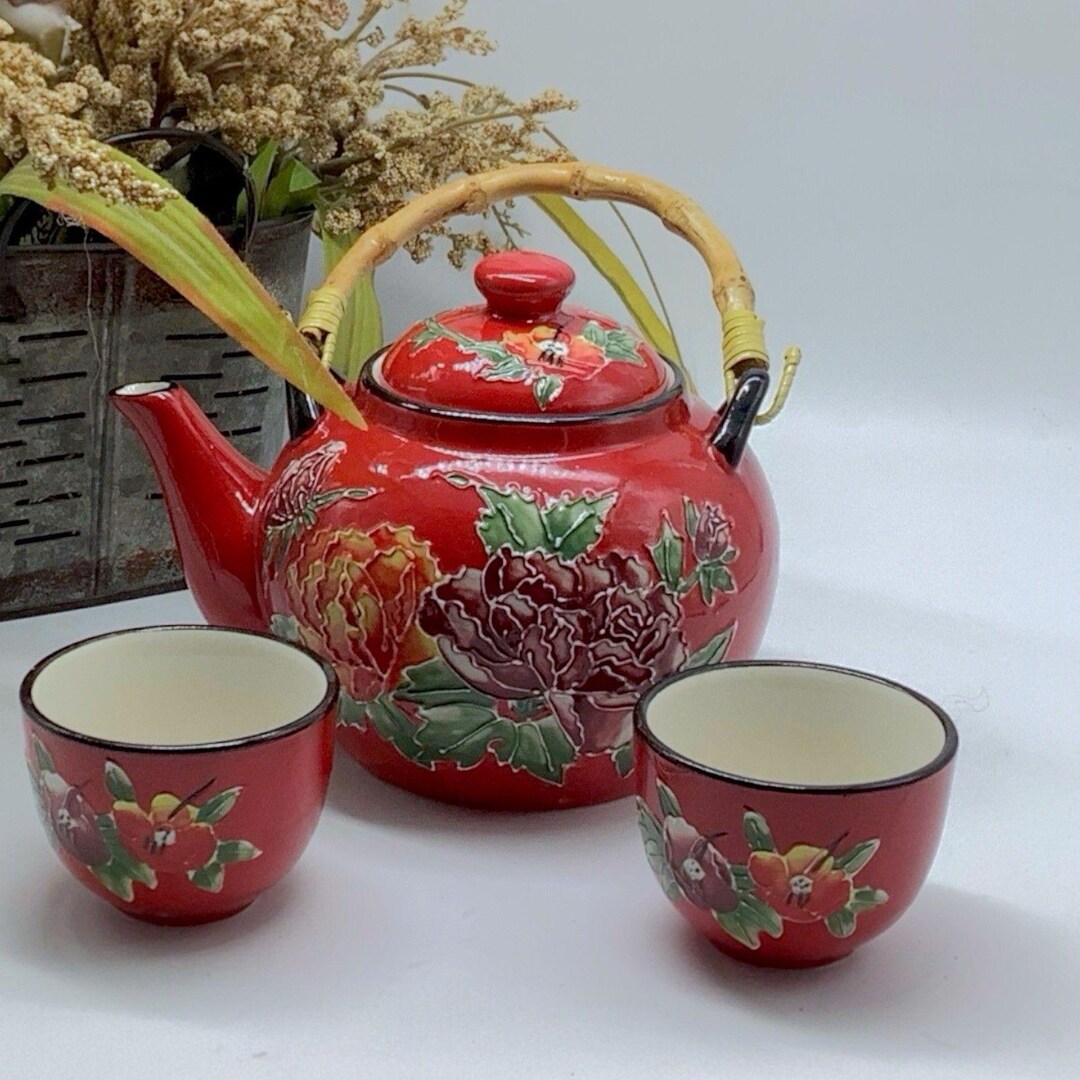 Pier 1 Red Peony Tea Set: Moriage Hand-painted Teapot & Cups - Etsy ...