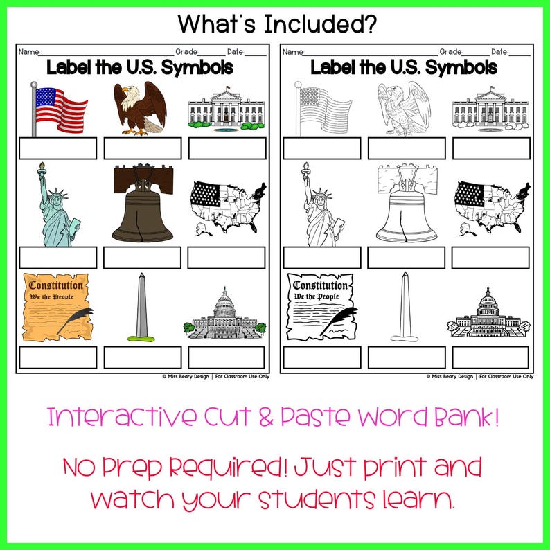 American Symbols Printables, USA History Cut and Paste Worksheet ...