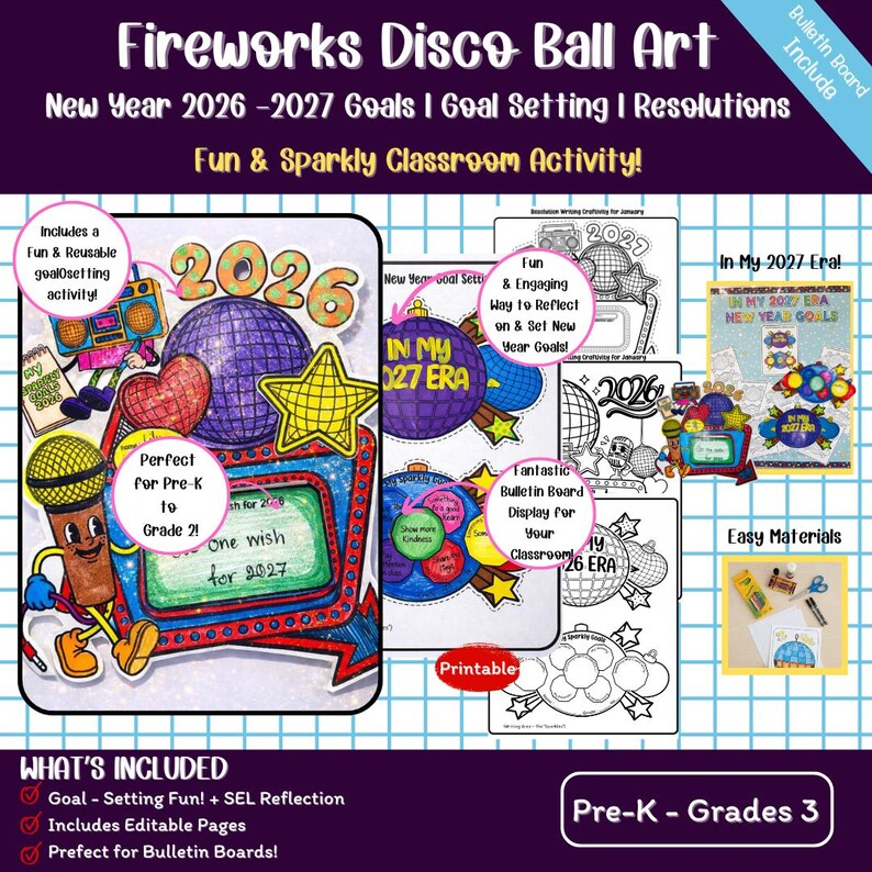 2026-2027 New Year Goals Disco Ball Craft – Classroom Bulletin Board ...
