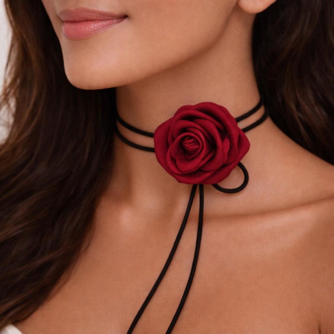 Burgundy Rose Choker, Black Cord, Gothic Romantic Handmade Necklace - Etsy