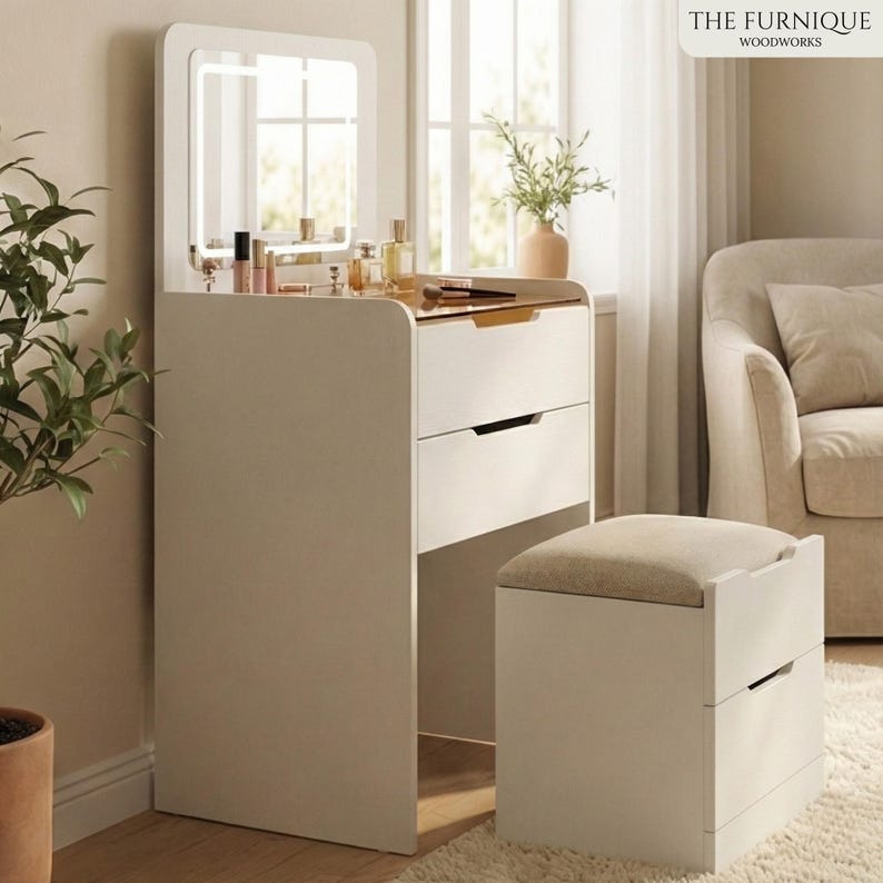 Small White Makeup Vanity Desk With LED Mirror & Storage Stool - Etsy