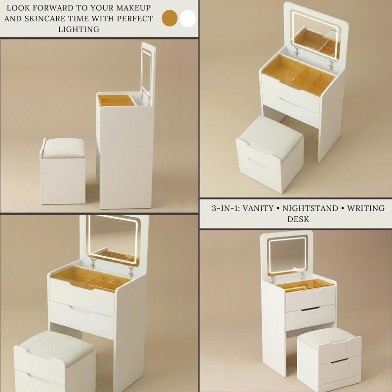 Small White Makeup Vanity Desk With LED Mirror & Storage Stool - Etsy