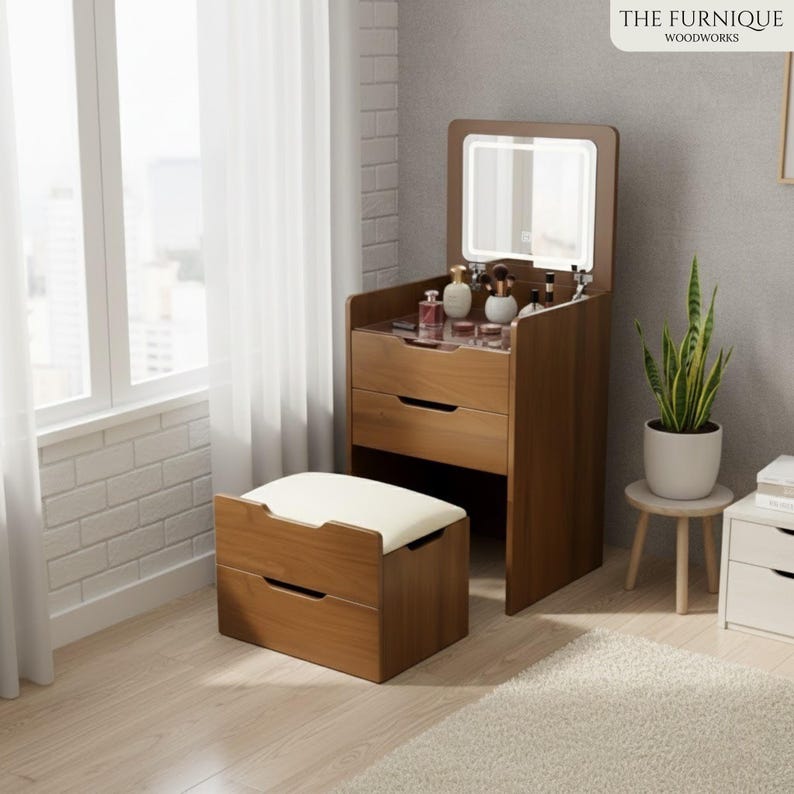 Small White Makeup Vanity Desk With LED Mirror & Storage Stool - Etsy