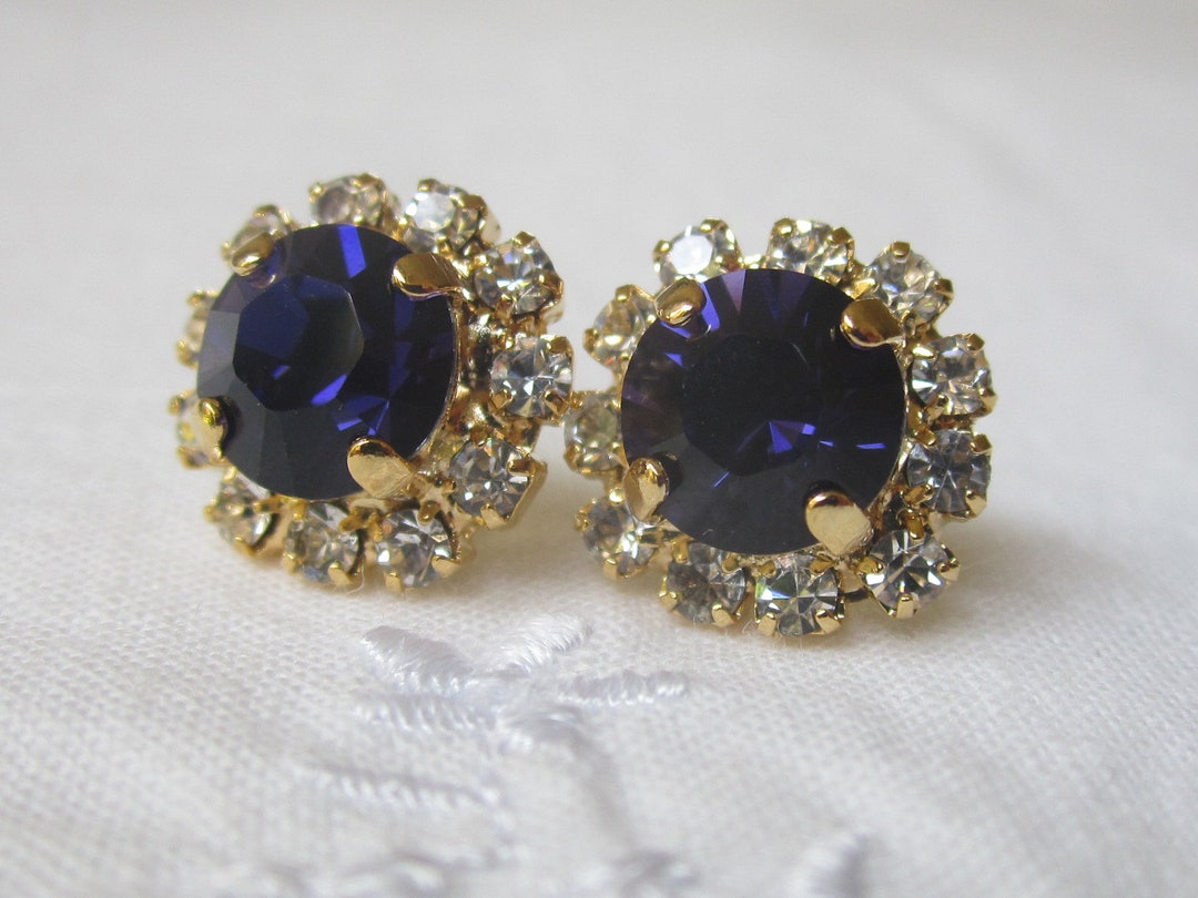 Dark Blue Crystal Stud Earrings, Gold Post Earrings, Crystal Earrings ...