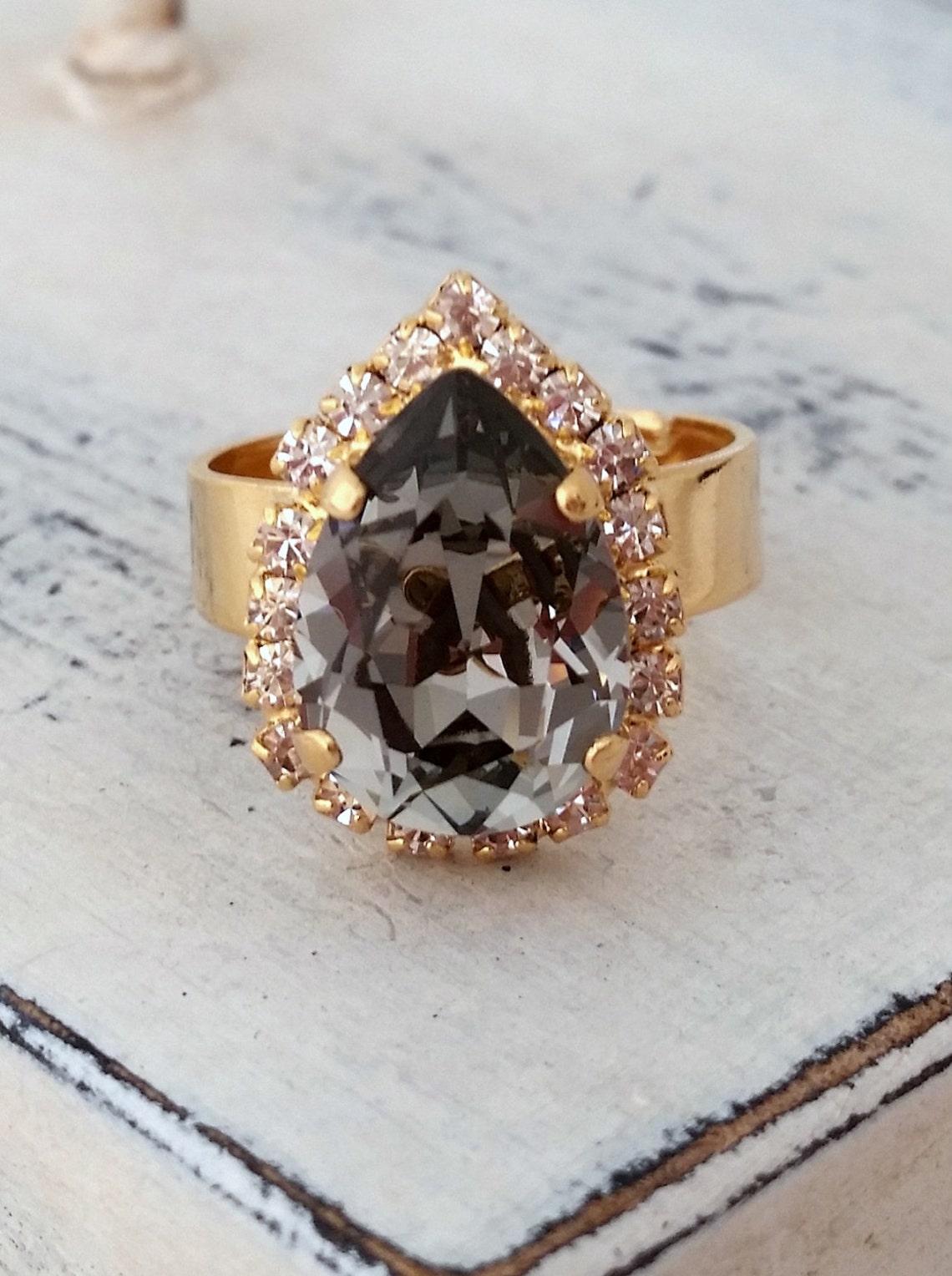 Smokey Grey Adjustable Gemstone Ring Gray Diamond Rhinestone | Etsy