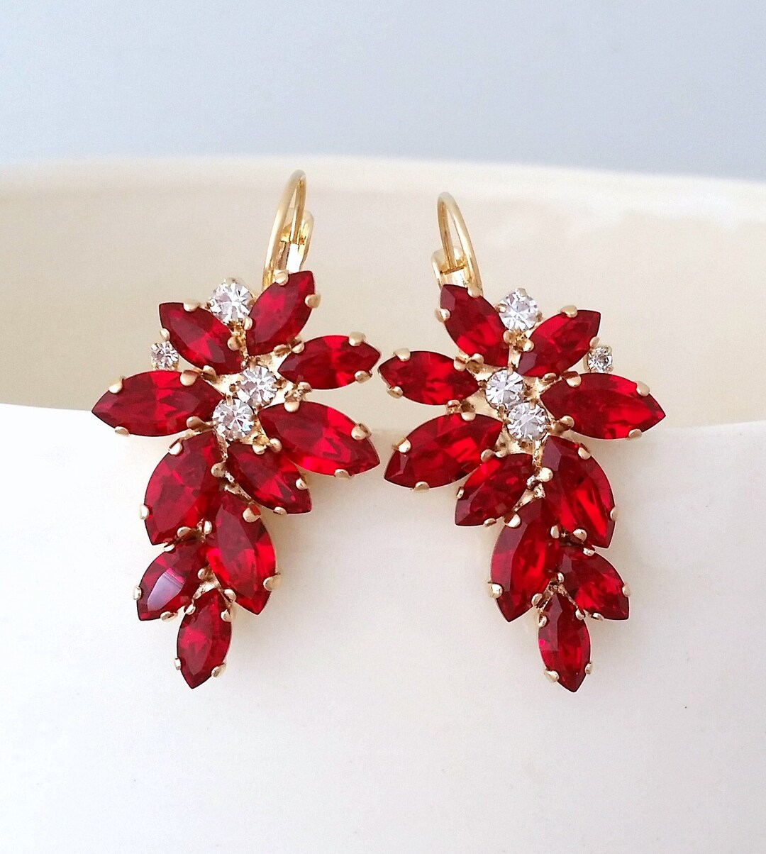 Red Earrings,ruby Earrings,dark Red Cluster Earrings,red Statement ...