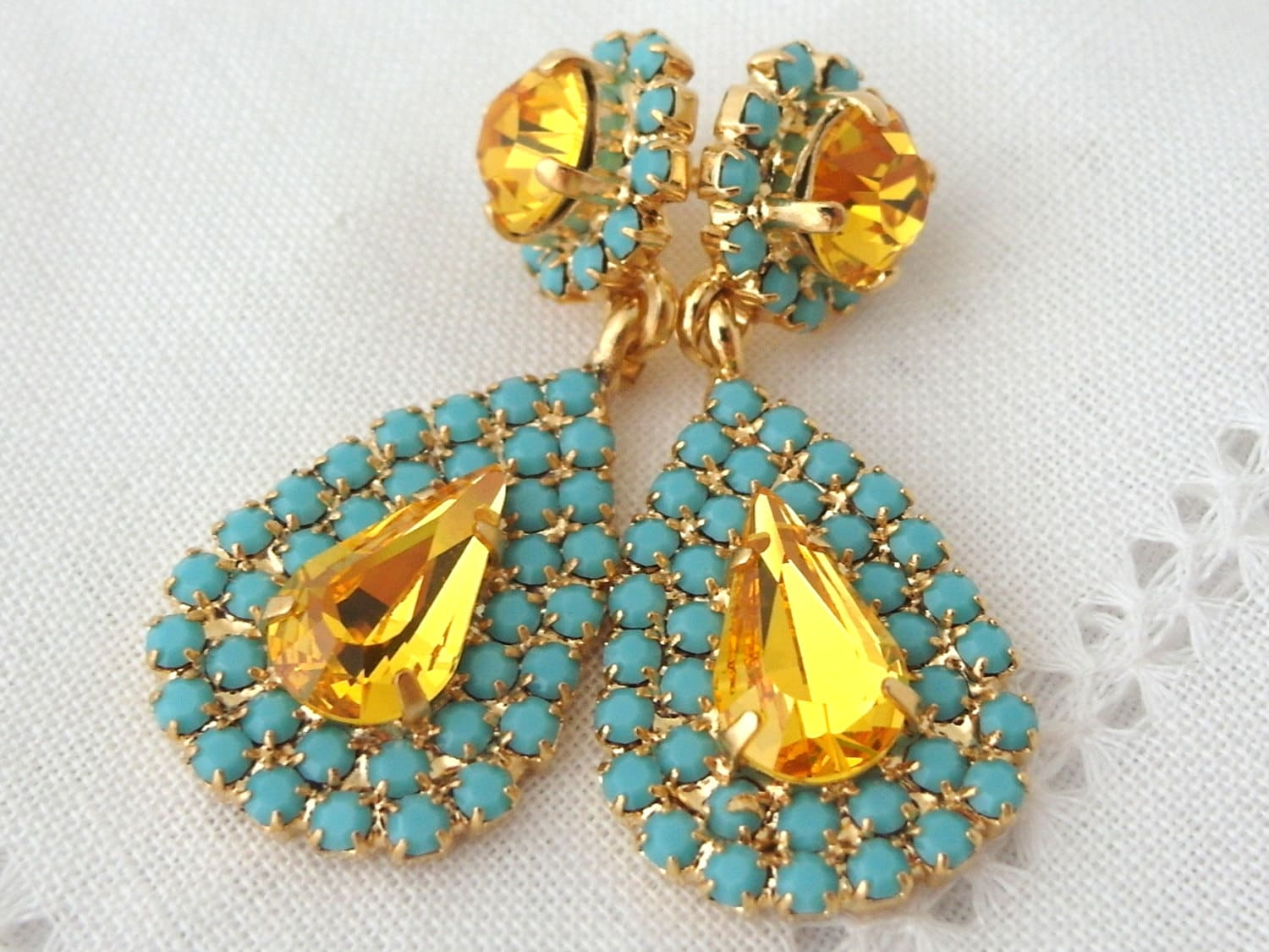 Yellow and Turquoise Chandelier Earrings Bridal Earrings 14k - Etsy