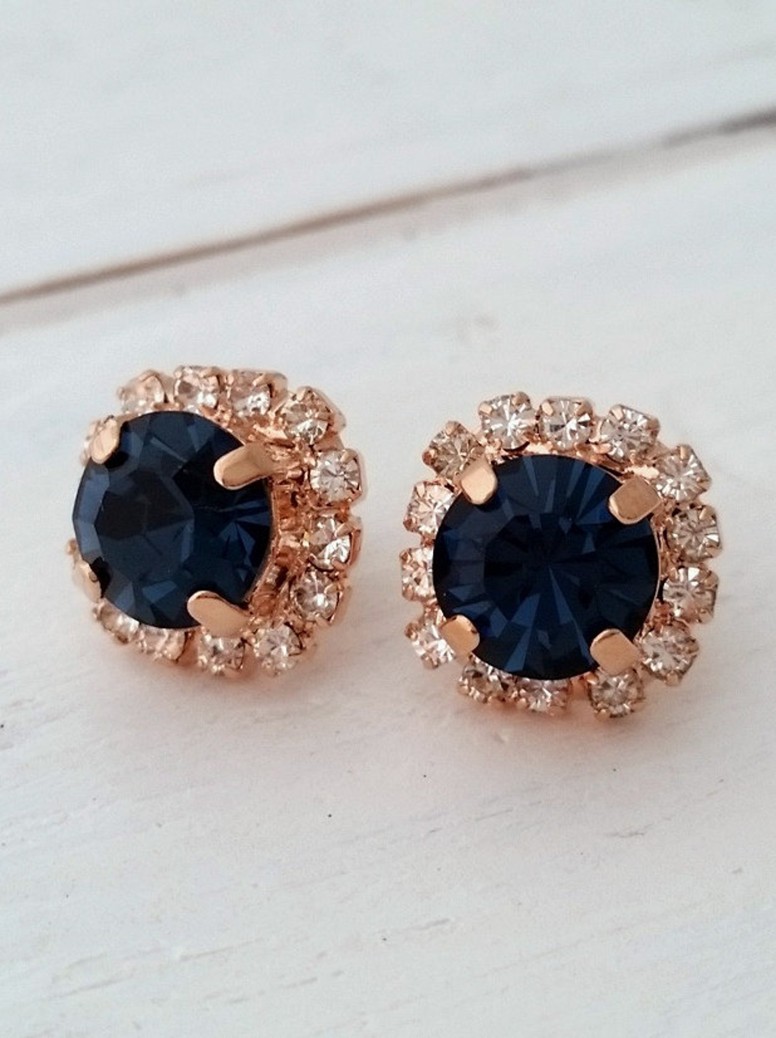Navy Blue Stud Earringsbridal Earringsrose Gold | Etsy