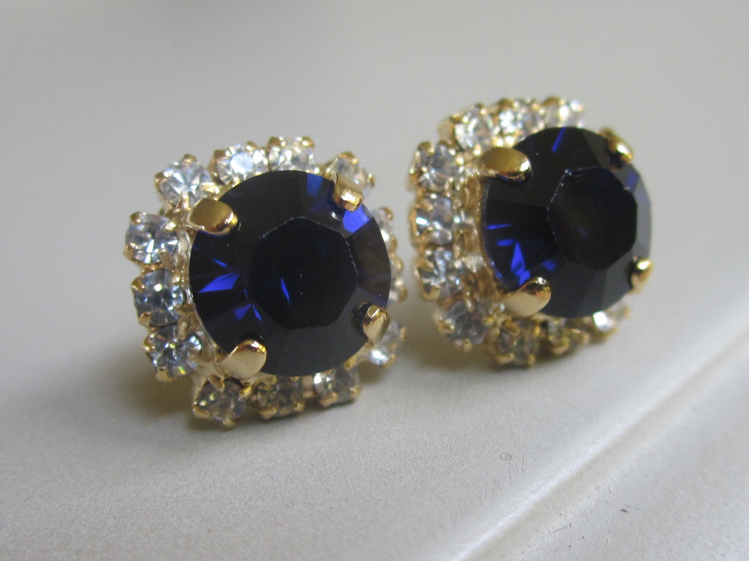 Dark Blue crystal stud earrings Gold post earrings swarovski | Etsy