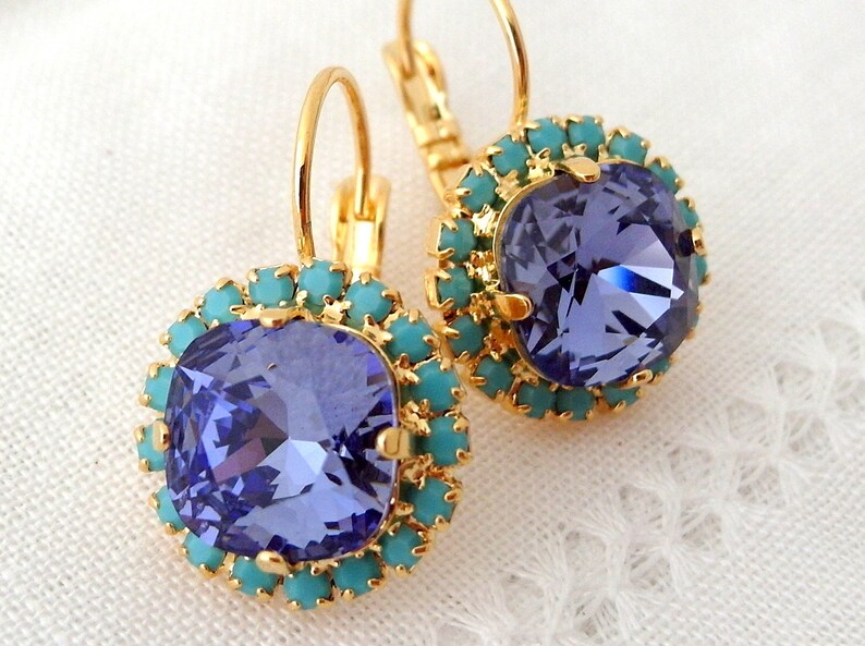 Purple Tanzanite and Turquoise Crystal Drop Earrings Drop | Etsy