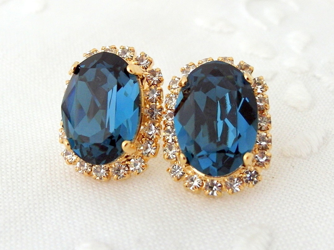 Navy Blue Crystal Stud Earrings, Oval Stud Earring, Gold or Silver ...