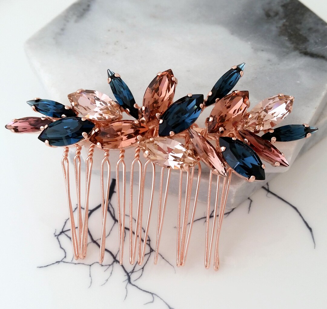 Navy Blue Burgundy Blush Bridal Hair Comb,navy Blue Blush Hair Comb ...