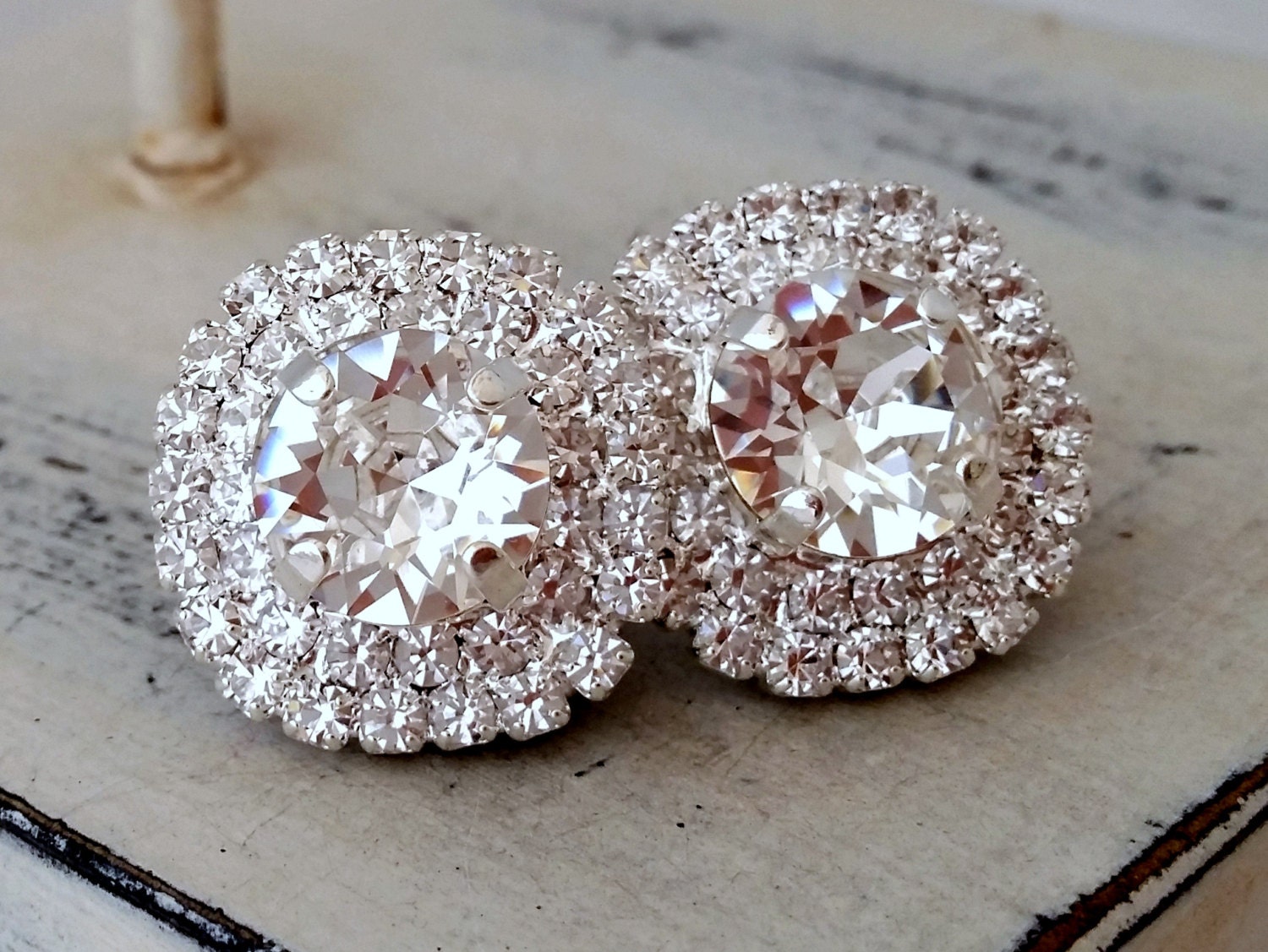 Clear Crystal Earrings,silver Bridal Earrings,large Stud Earrings ...