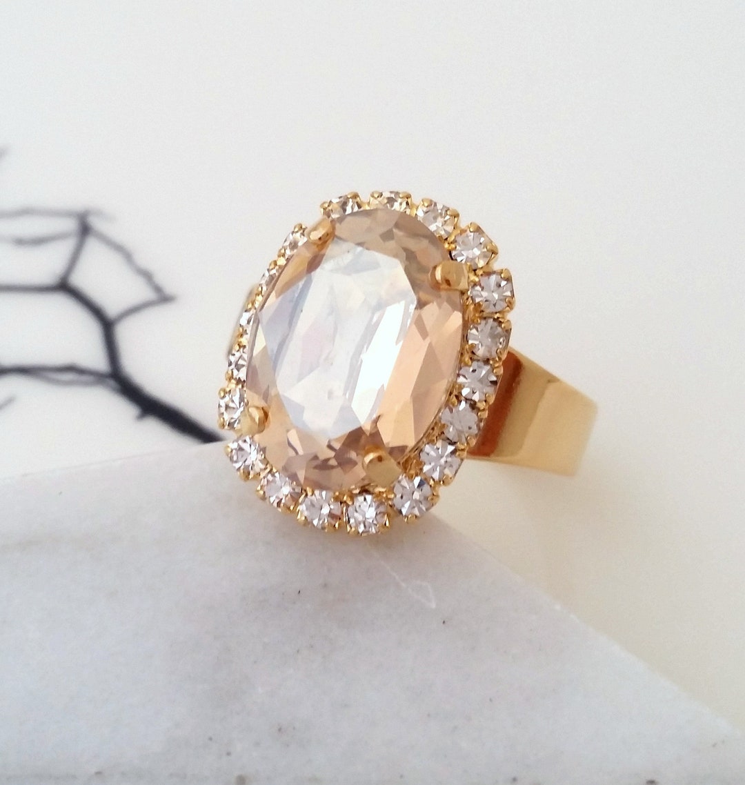 Champagne Adjustable Gemstone Ring, Champagne Rhinestone Crystal Ring ...