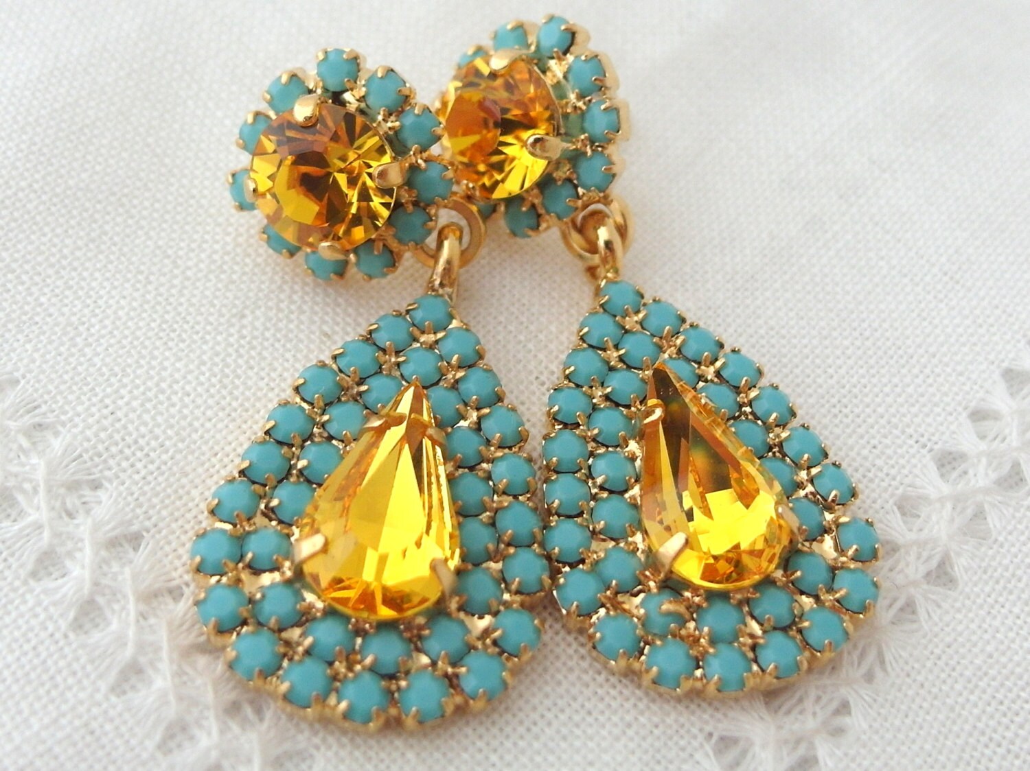 Yellow and Turquoise Chandelier Earrings Bridal Earrings 14k - Etsy