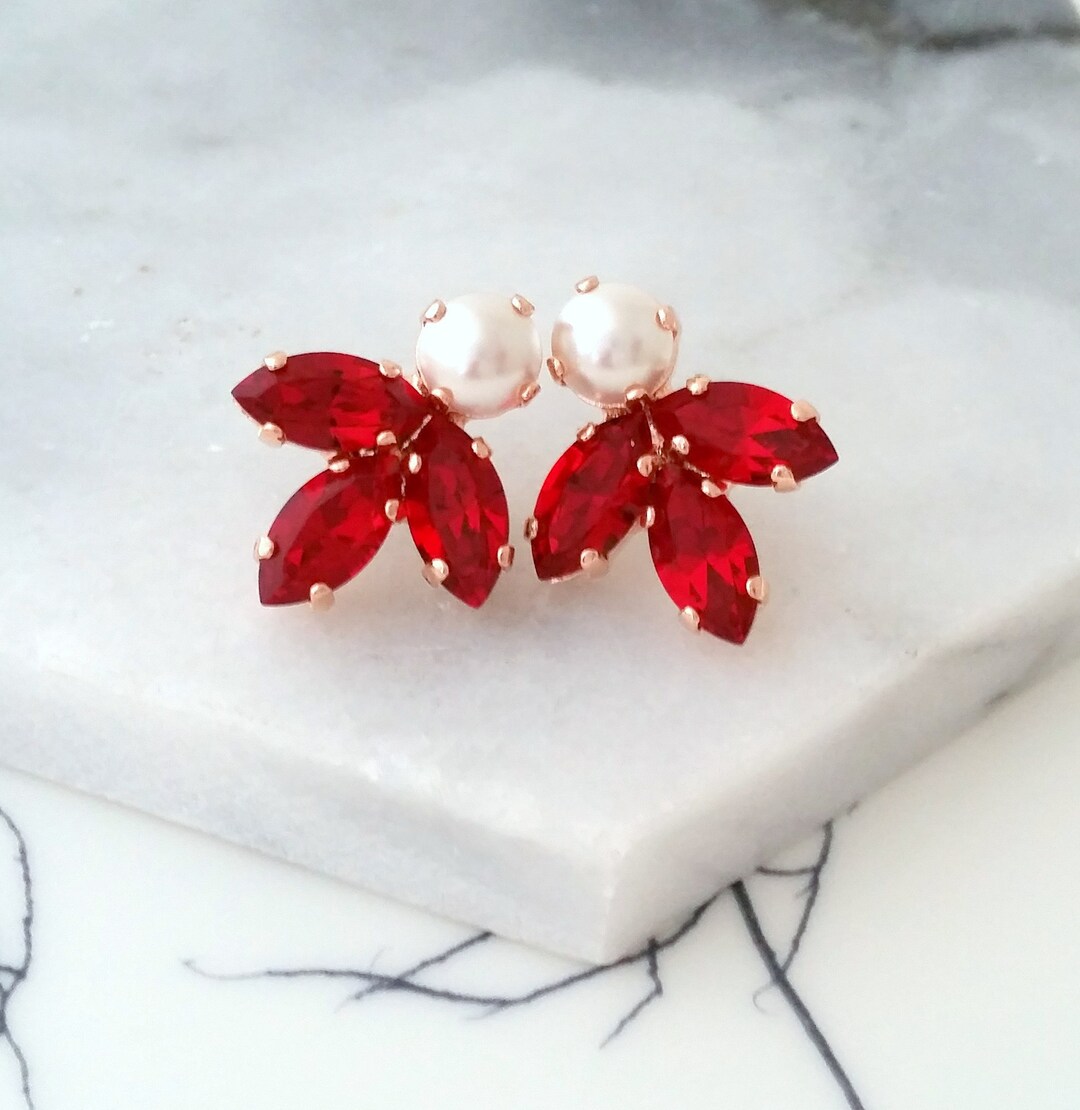 Red Ruby Earrings,bridal Earrings Red and Pearl, Red Ruby Studs,pearl ...