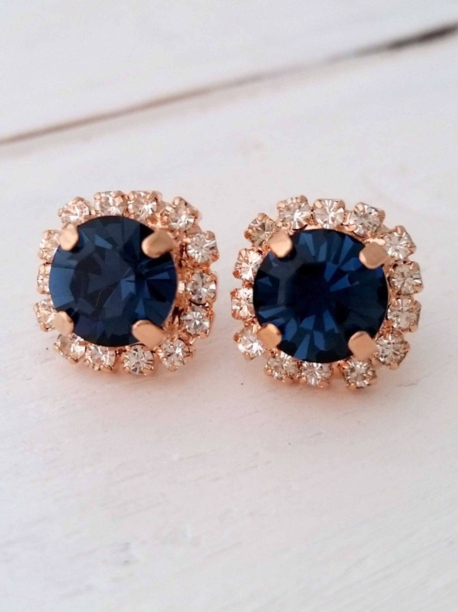 Navy Blue Stud Earringsbridal Earringsrose Gold - Etsy