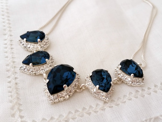 Navy Blue Crystal Necklace Bridal Necklace Statement Necklace - Etsy