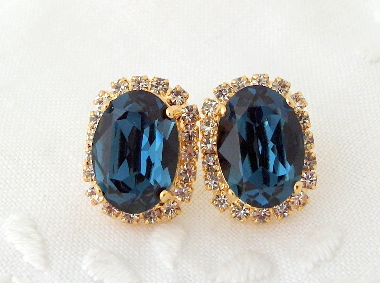 Navy Blue Crystal Stud Earrings Oval Stud Earring Gold or - Etsy
