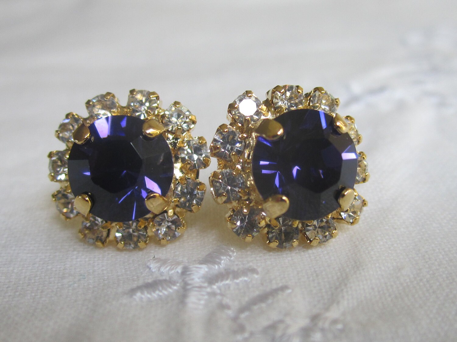 Dark Blue crystal stud earrings Gold post earrings swarovski | Etsy