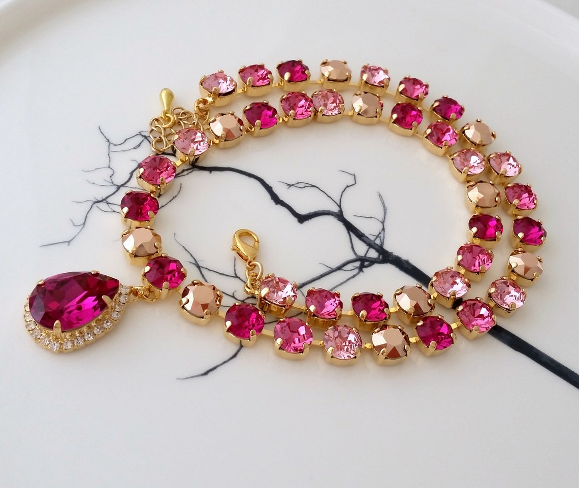Hot Pink Gold Necklacefuchsia Pink Mix Necklacepink Crystal - Etsy