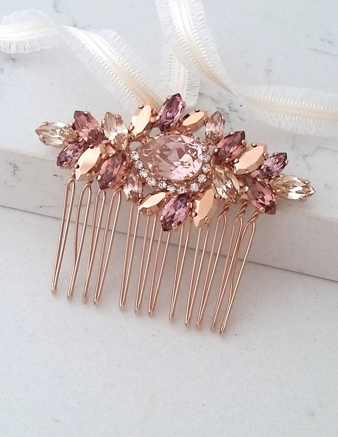 Rose Gold Hair Comb,bridal Hair Comb,morganite Blush Hair Comb,wedding ...