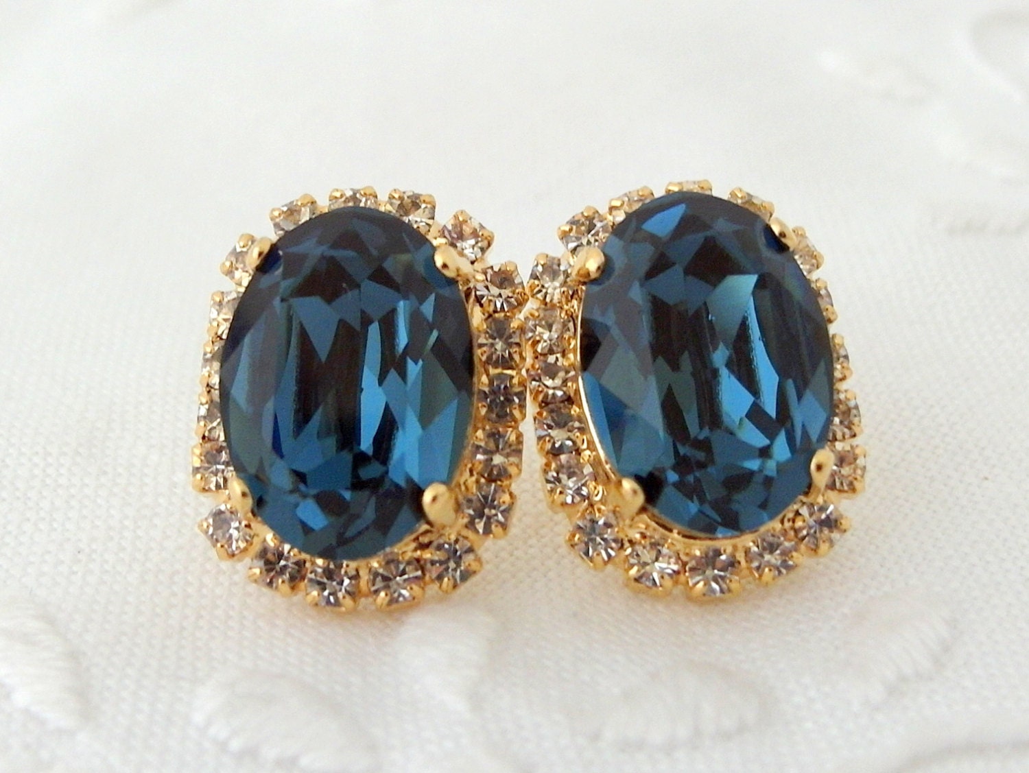 Navy Blue Crystal Stud Earrings Oval Stud Earring Gold or - Etsy