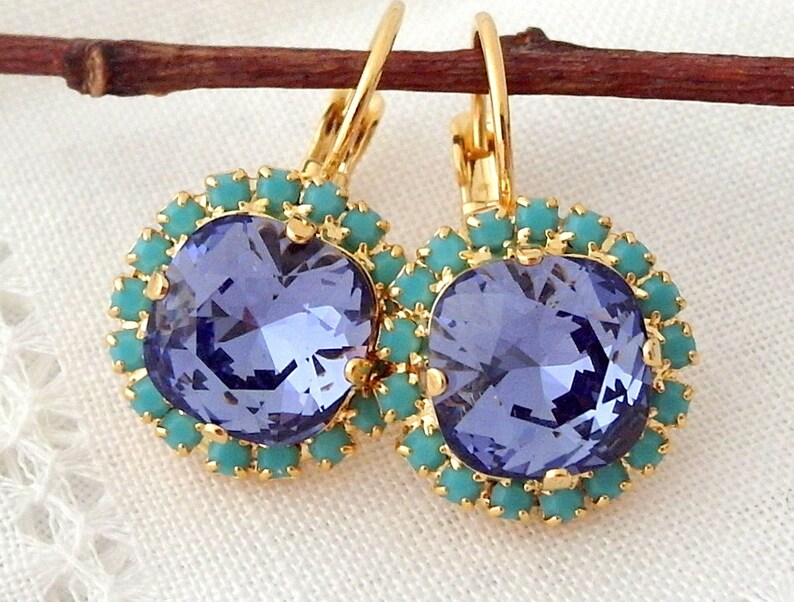 Purple Tanzanite and Turquoise Crystal Drop Earrings Drop | Etsy