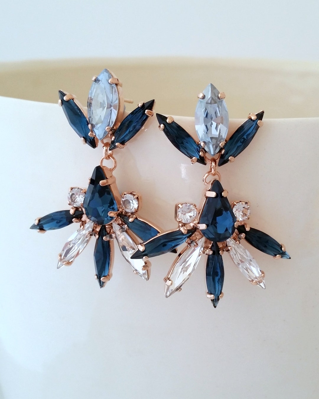 Navy Blue Earrings Drop,bridal Earrings Drop,navy Blue Rose Gold ...
