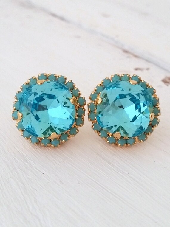 Teal earrings Turquiose earrings Light blue earrings Crystal earrings Bridal earrings Bridesmaid earrings gold plate Etsy