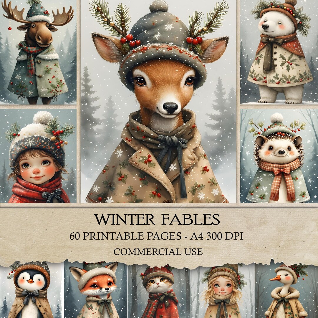 Winter Animals Junk Journal Kit, Fables Scrapbook Paper (printable ...
