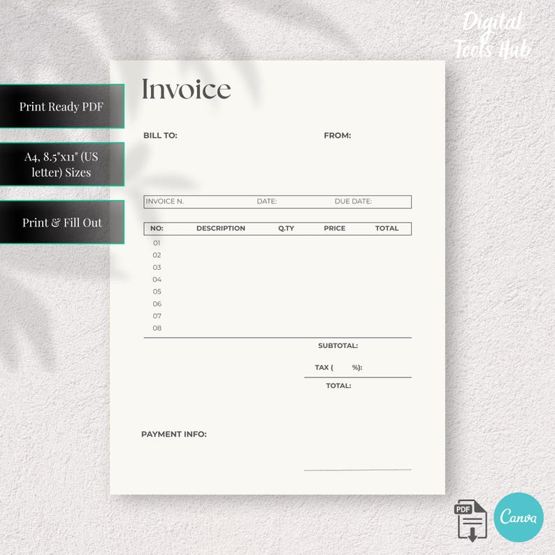 Invoice Template Canva | Editable Business Form | Printable PDF | A4 ...