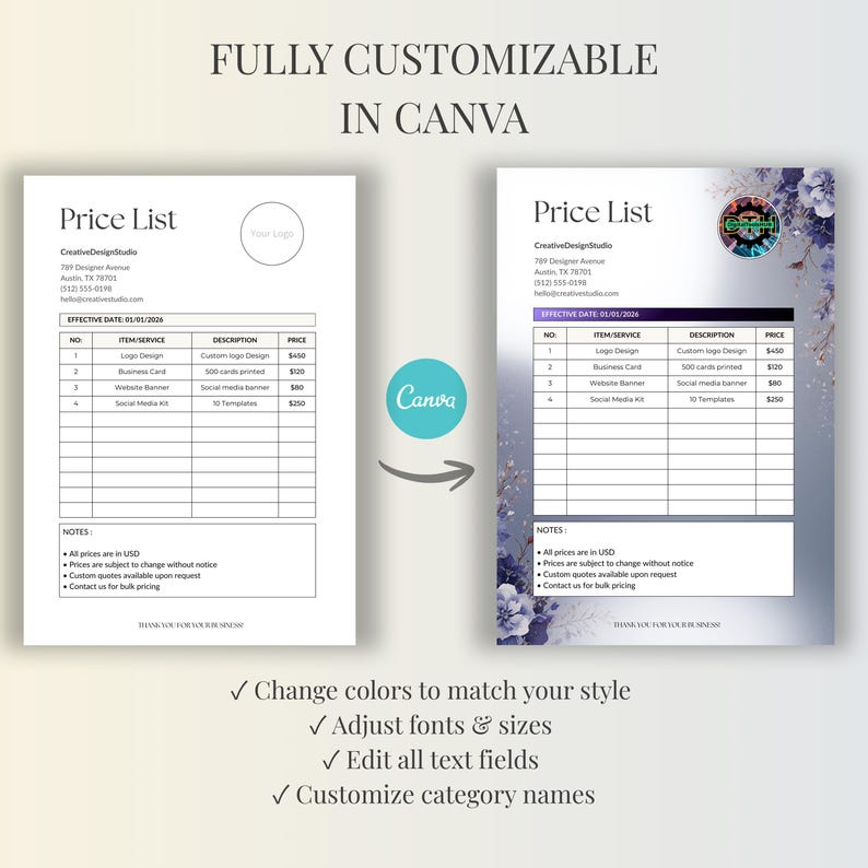 Price List Template | Editable Pricing Sheet | Fillable A4 US Letter ...