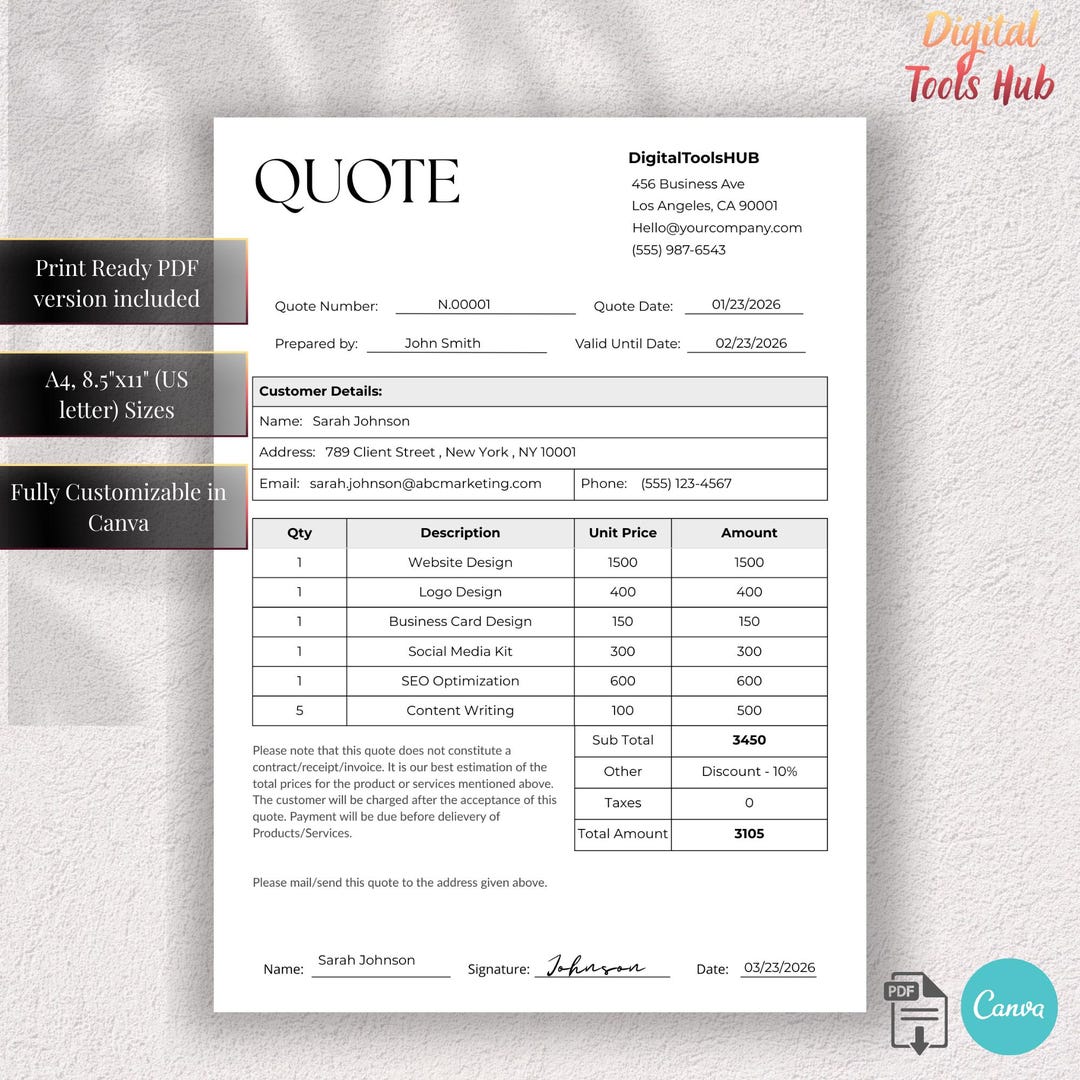 Quote Estimate Template | Price Quote Business Form | A4 US Letter ...
