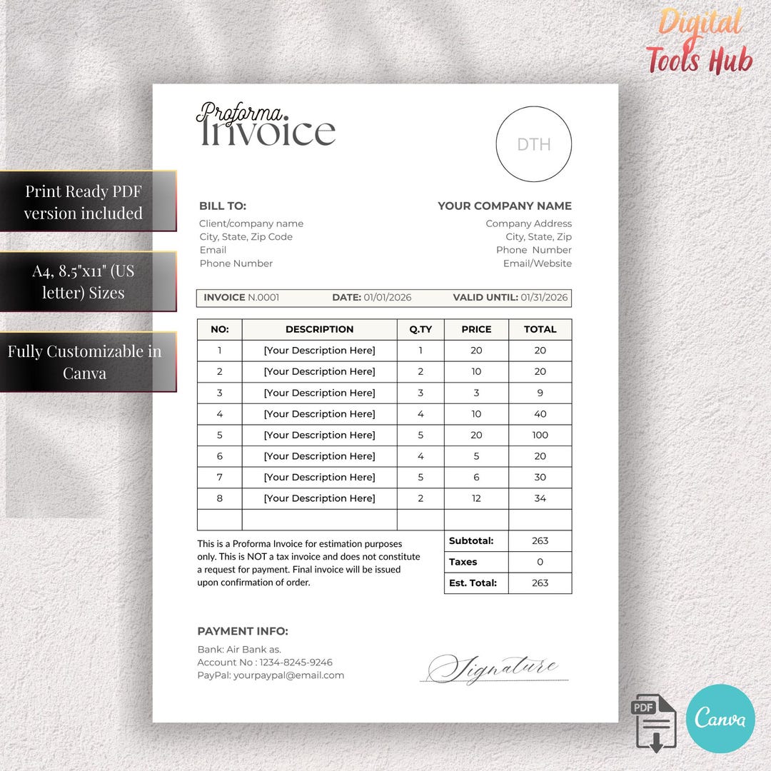 Proforma Invoice Template | Business Invoice Form | A4 US Letter ...