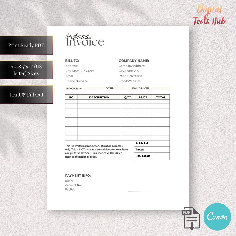 Proforma Invoice Template | Business Invoice Form | A4 US Letter ...