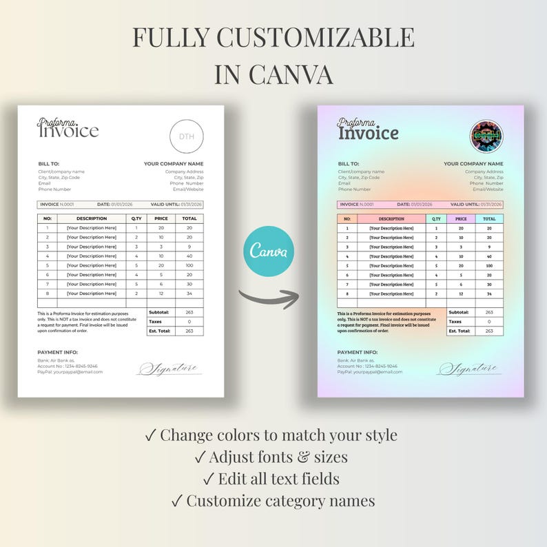 Proforma Invoice Template | Business Invoice Form | A4 US Letter ...