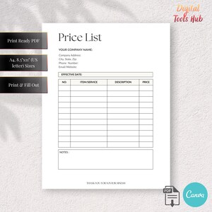 Price List Template | Editable Pricing Sheet | Fillable A4 US Letter ...