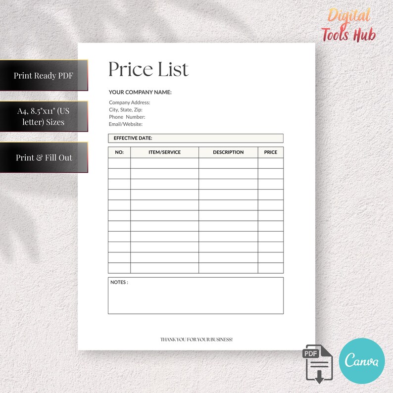 Price List Template | Editable Pricing Sheet | Fillable A4 US Letter ...